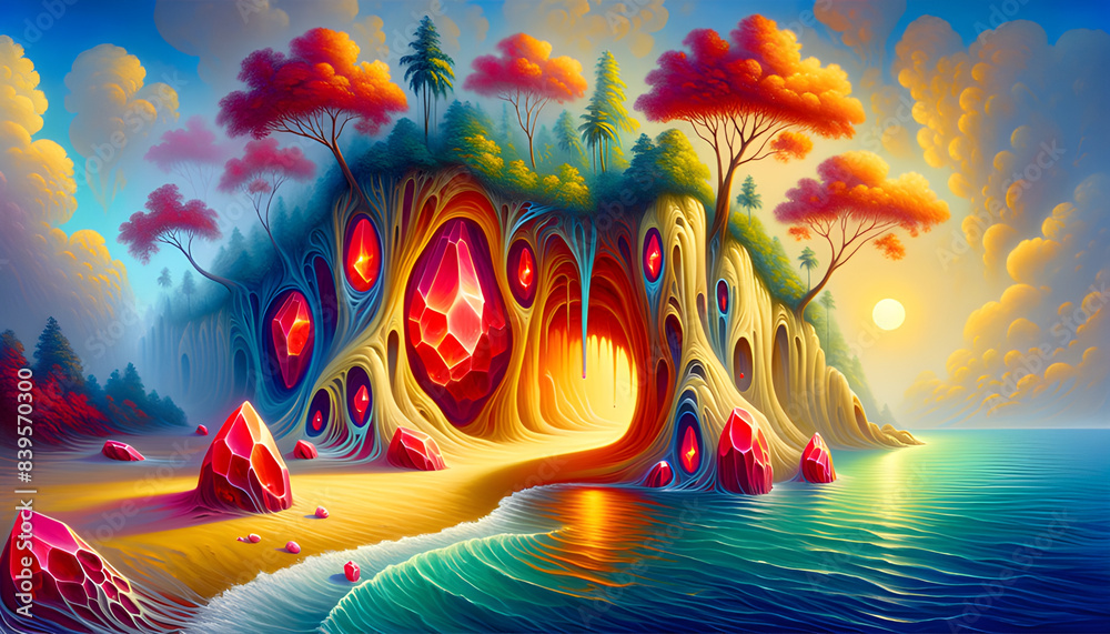 Fantasy world landscape dazzles with a vibrant rainbow arching over a ...