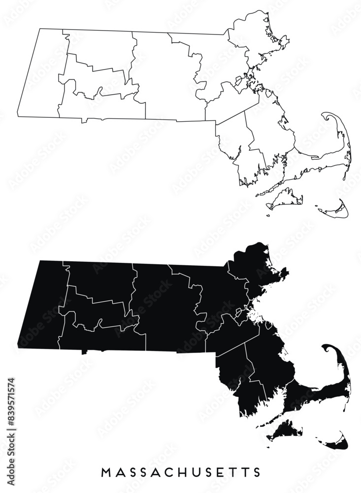Massachusetts state map of regions districts vector black on white and ...