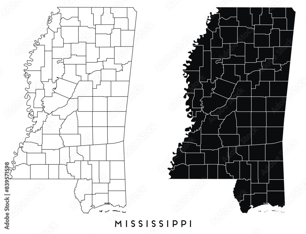 Mississippi state map of regions districts vector black on white and ...