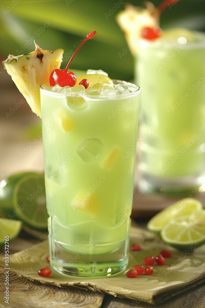 light green cocktail in a tall glass, garnished with a cherry ...
