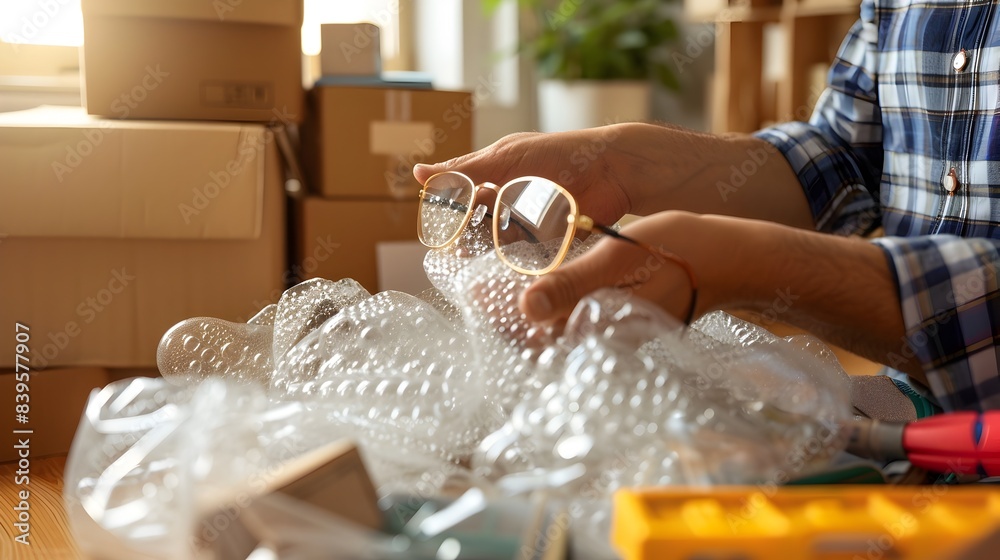 Individual carefully wrapping fragile glassware in bubble wrap during ...
