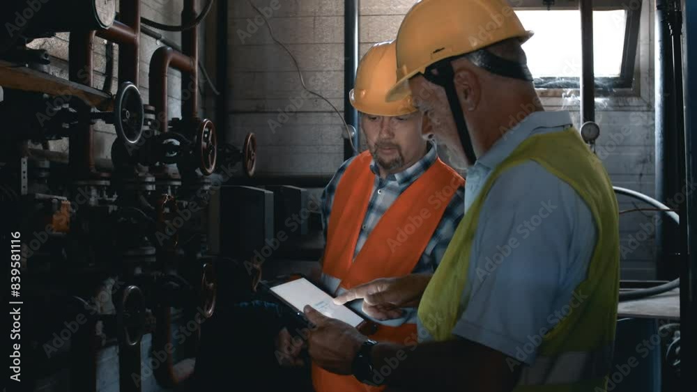 Two maintenance workers are adjusting the pressure in the pipes to ...