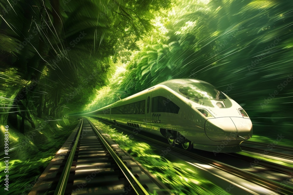 A scene of a high-speed electric train passing through a dense forest ...