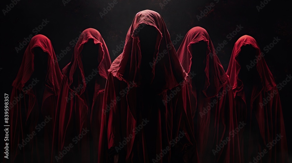 Generative Ai of Mysterious Figures in Red Cloaks Standing in Shadow Concept for Secret Society ...