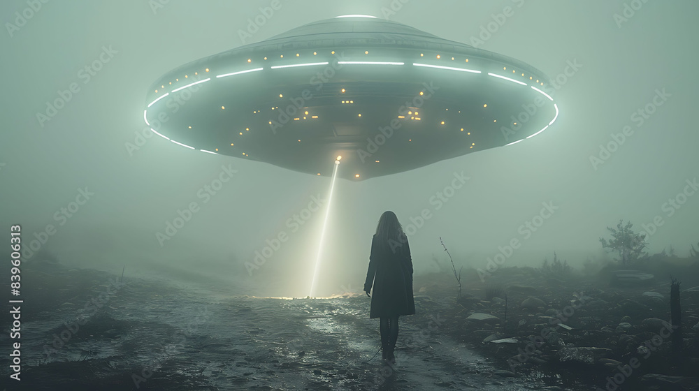 alien abduction scene with a beam of light pulling a person into a ...