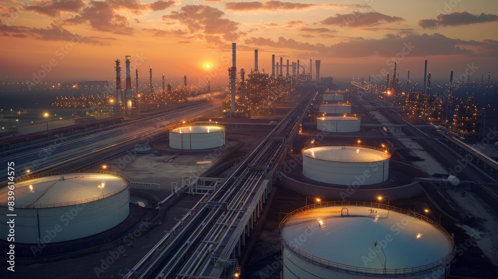 A network of pipelines and storage tanks at an oil refinery ...