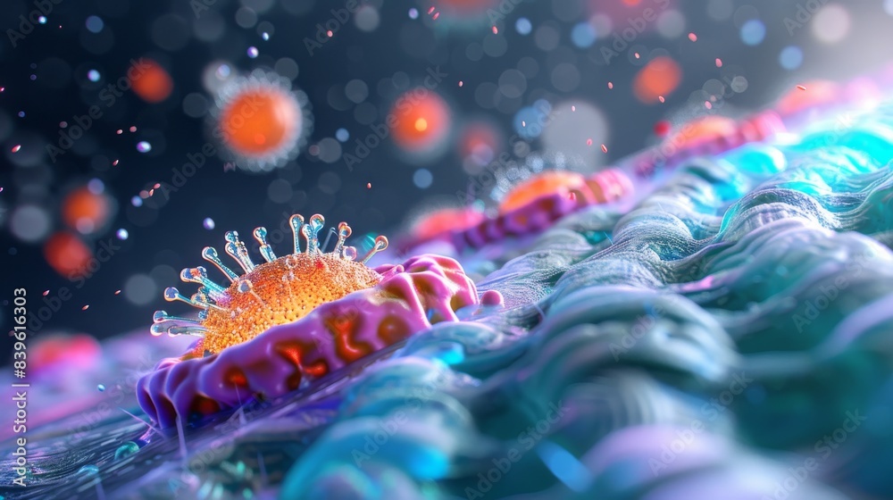 3D rendered illustration showing virus cells infecting healthy tissue ...