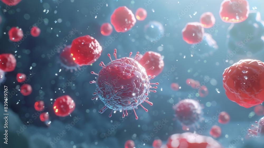 Close-up view of red viruses floating in a blue background ...