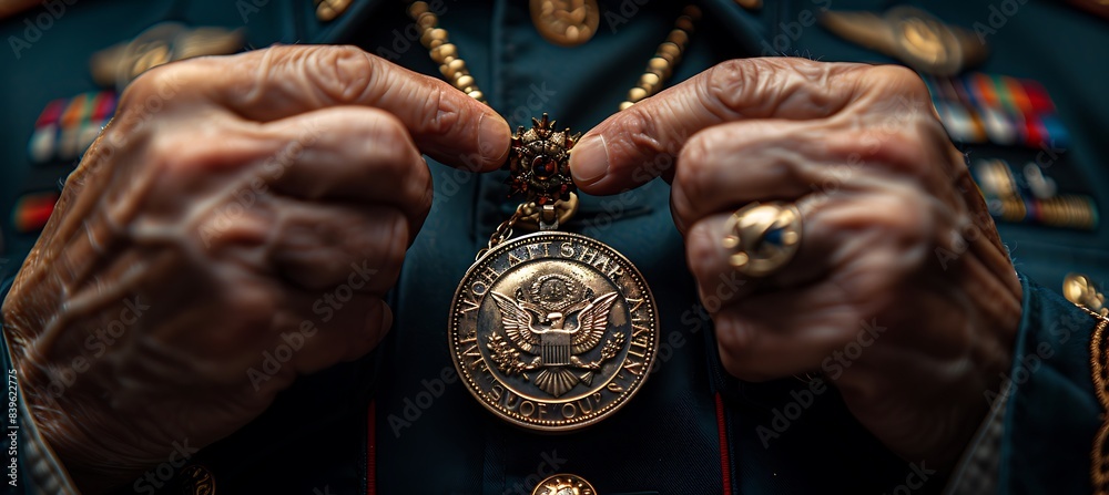 Closeup of medal of honor being pinned on a soldier's uniform during a ...