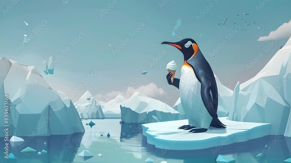 Penguin Eating Ice Cream Against Backdrop of Melting Ice Floes ...