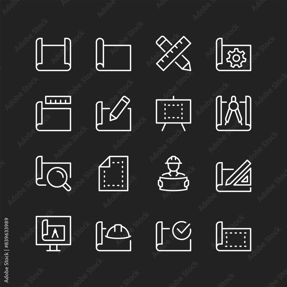 Engineering drawing, blueprint icons, white lines on black background ...