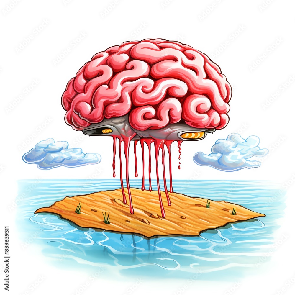 Surreal illustration of a floating brain island with dripping red roots ...