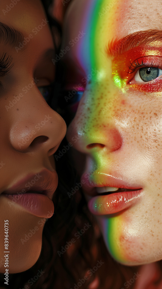 Gen Z white woman and black female models touching faces together ...