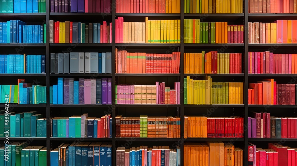Colorful library aisle with rainbow-hued bookshelves, representing ...