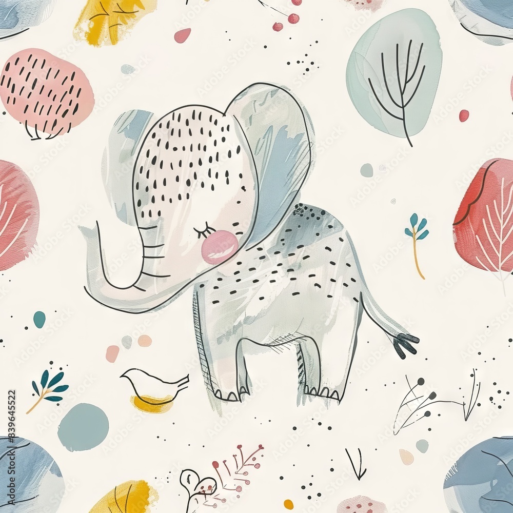 Cute seamless pattern with cartoon elephant, trees and leaves. Babyish ...