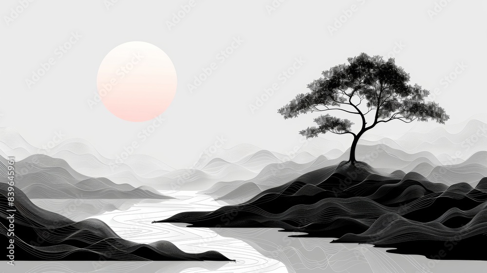 nature line art, minimalist hand-drawn line art of a peaceful nature ...