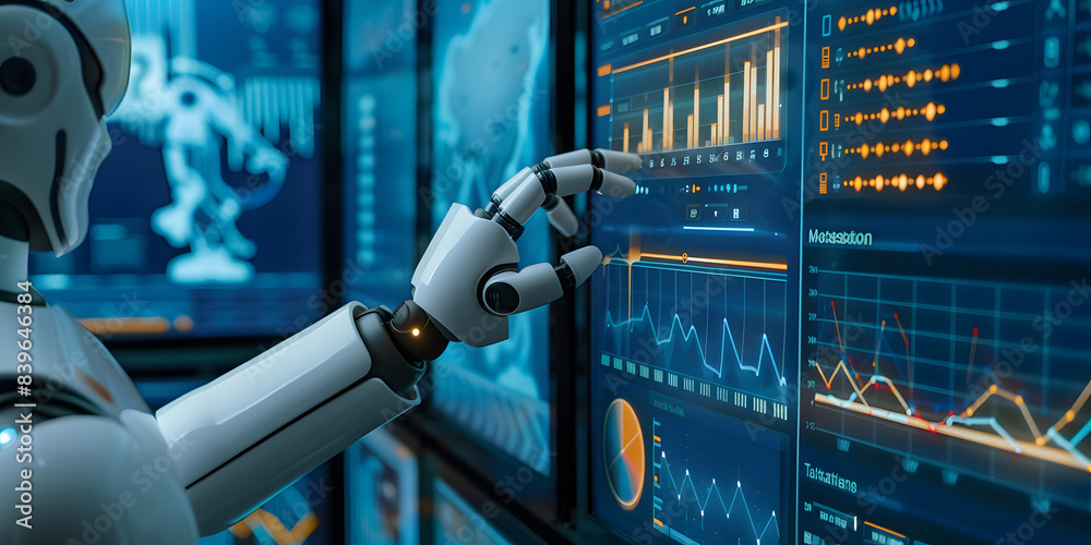 Businessmen touch automated data management systems to create reports ...