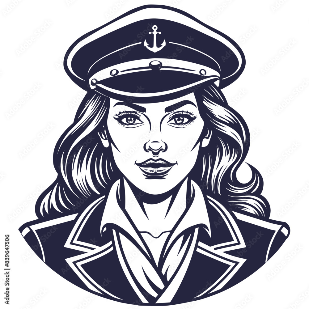 Striking linocut style confident woman in a traditional sailor uniform ...