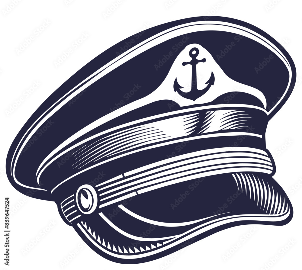 Detailed black and white traditional captain hat with an anchor emblem ...