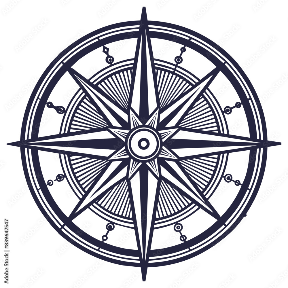 Detailed linocut classic nautical compass, symbolizing maritime ...