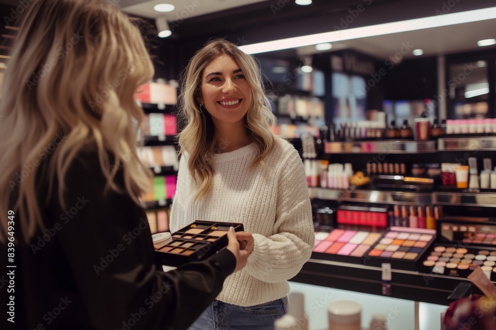 Woman shopping for makeup in a beauty store, with a saleswoman helping ...