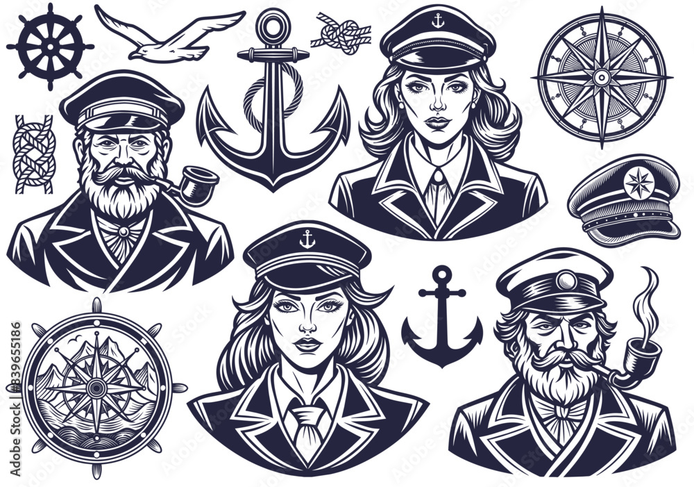 Stylized linocut set of ship captains and marine symbols like anchors ...