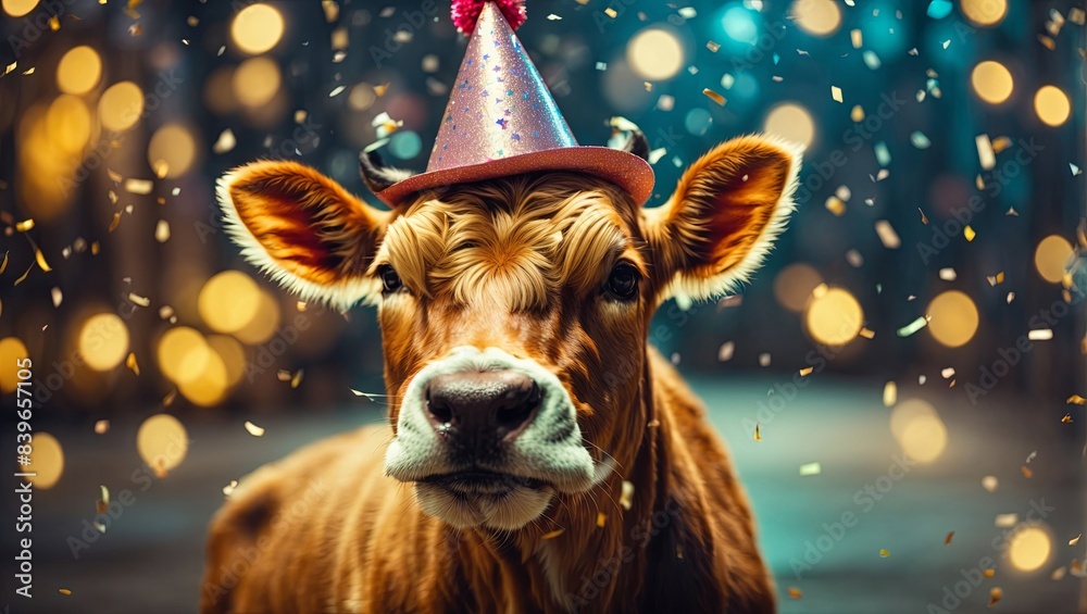 cow with open wide mouth surprised wearing a party hat celebrating at a ...