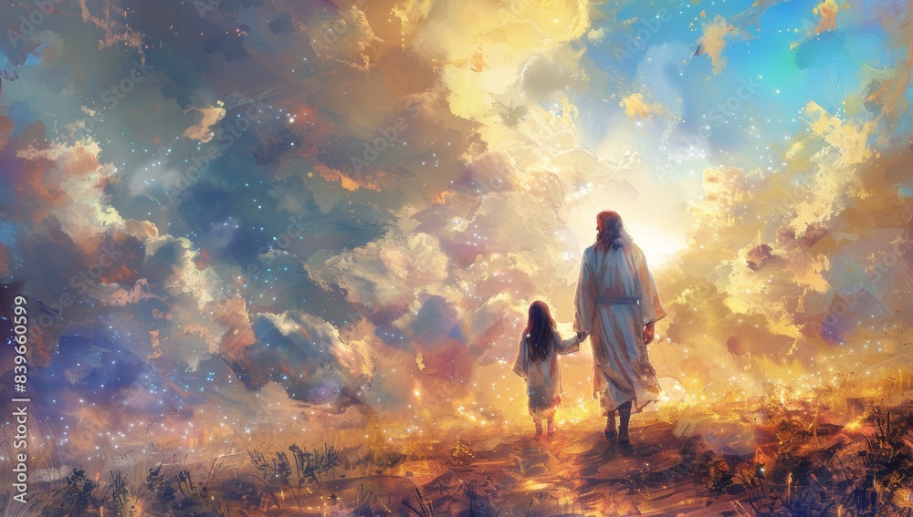 Jesus walking with a small girl in heaven, white light and clouds ...