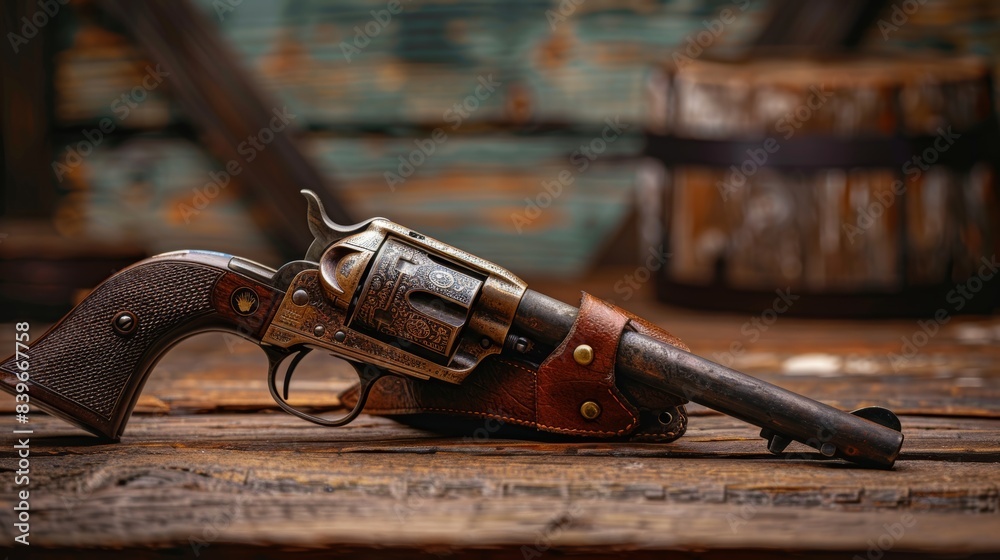 wild west style banner mockup featuring a rusty revolver and leather ...