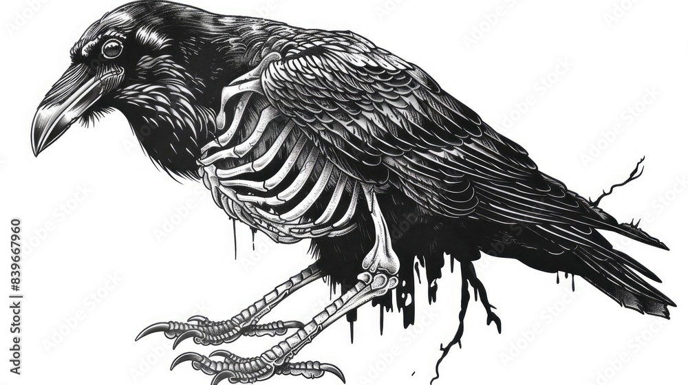 line based stipple shaded tattoo flash of a crow with its skeleton ...