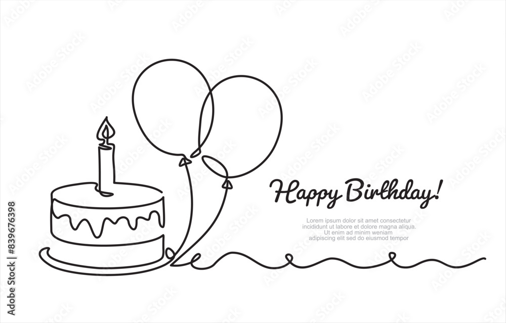 Birthday cake in continuous line art drawing style. Traditional ...