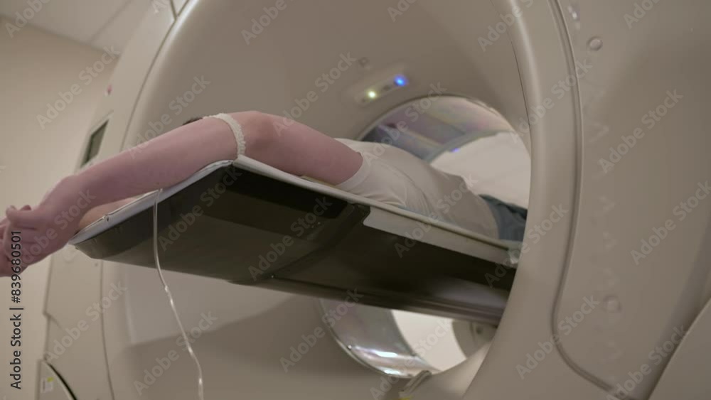 Patient lies on MRI table and undergoes magnetic resonance imaging. Man ...