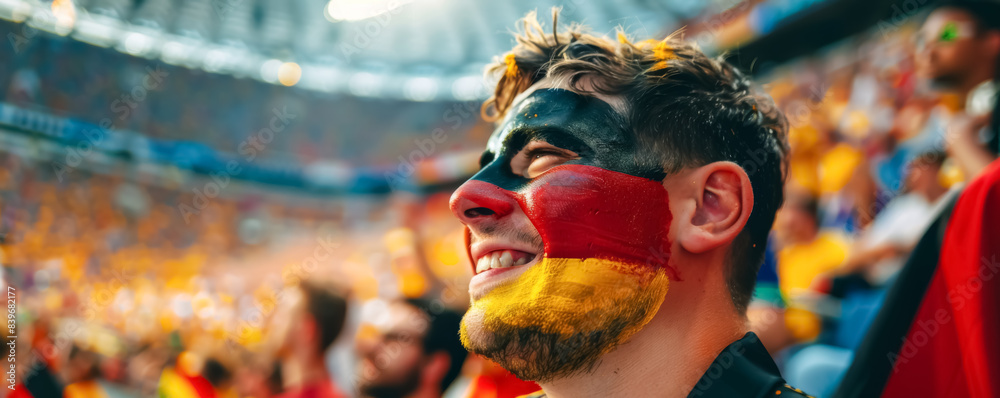 Happy German male supporter with face painted in German flag colors ...