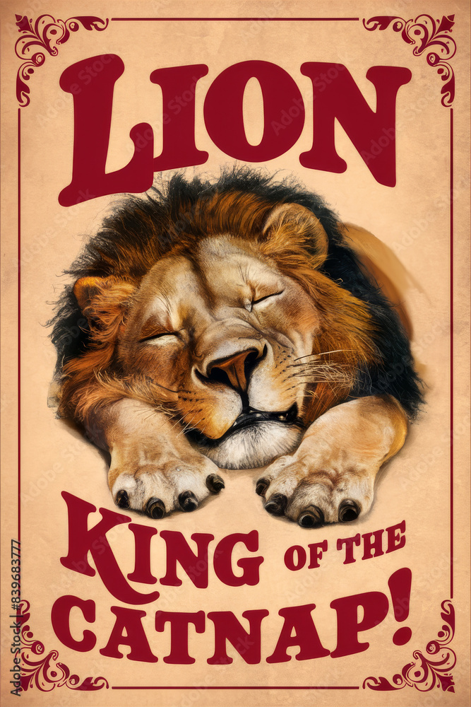 A vintage-style poster features a sleeping lion with text "King of the ...