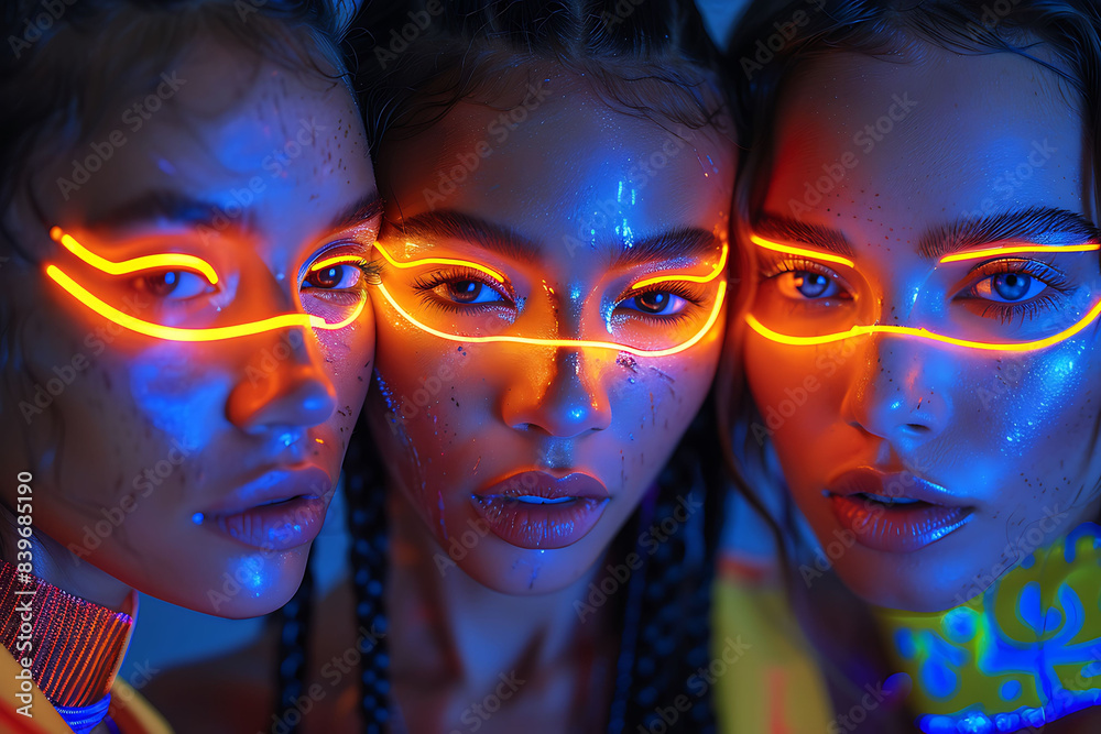 Three beautiful women glowing neon lines on their faces and bodies dark ...
