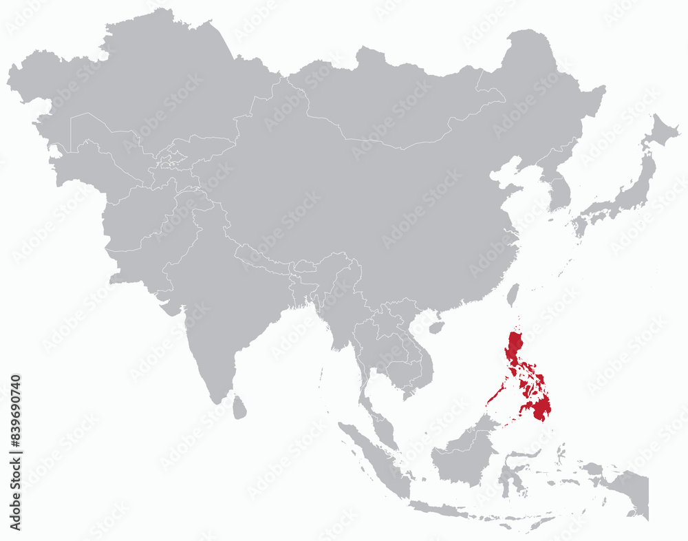 Highlighted red map of PHILIPPINES inside grey detailed blank political ...