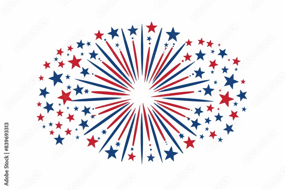 Fireworks, simple lines, red and blue color scheme, white background ...