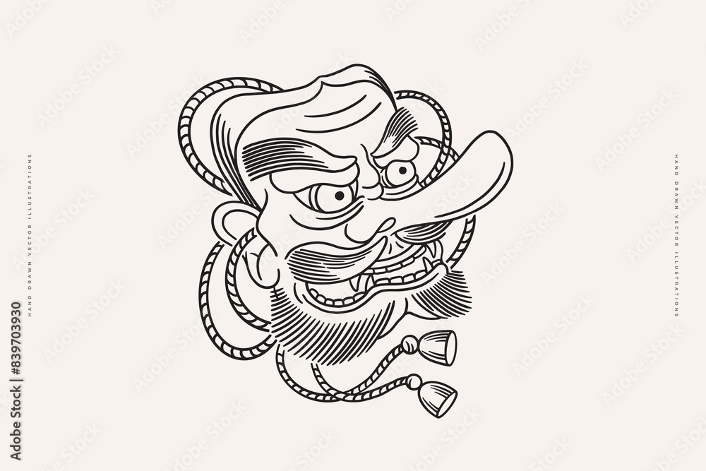 Tengu mask in line style. Japanese mythical deity. A traditional part ...