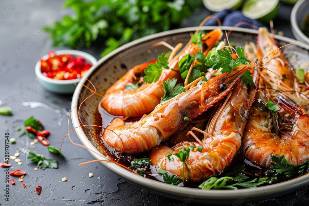 Authentic Chinese seafood dish with fresh prawns and XO sauce on a ...