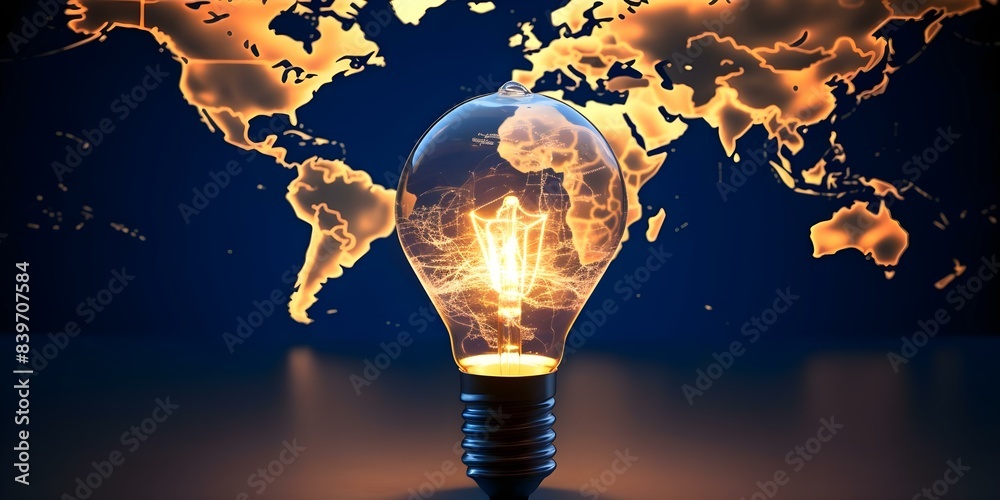Global Energy Crisis Illuminating the Dark Blue World Map. Concept ...