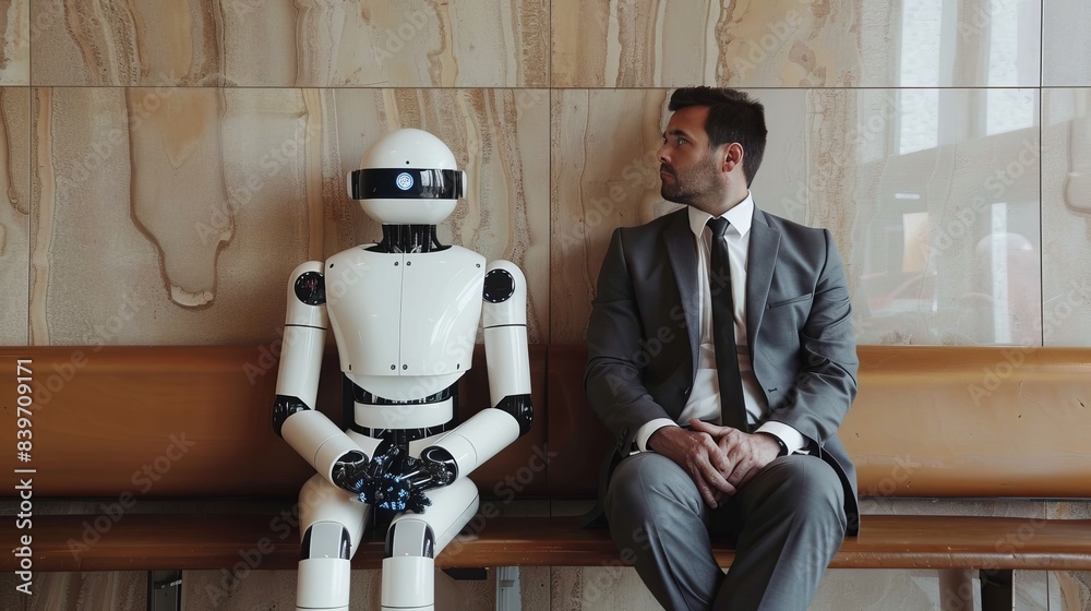 Man and AI robot waiting for a job interview: AI vs human competition Stock Illustration | Adobe ...