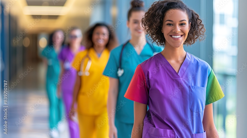 Healthcare professionals smiling in front of a rainbow flag ...