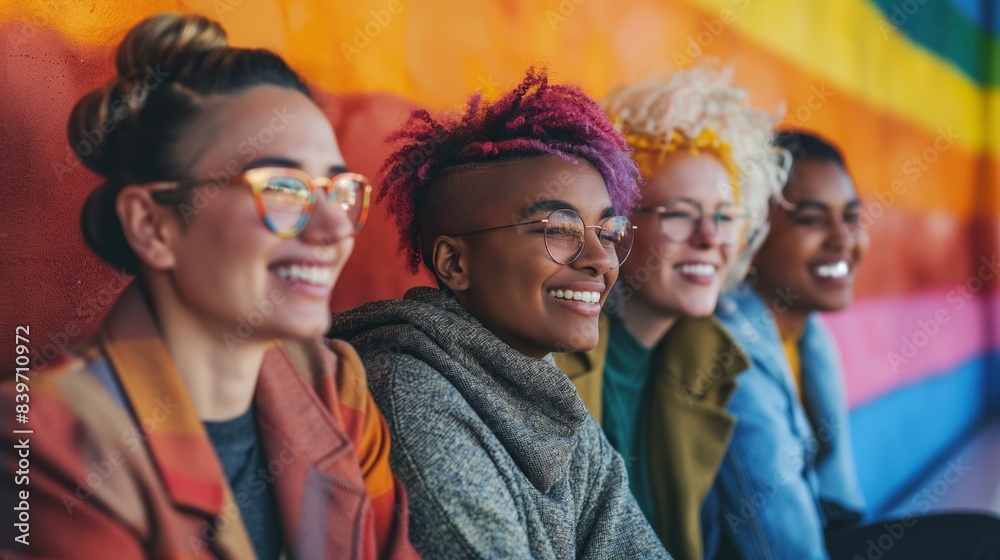 Diverse team in a colorful office with a rainbow flag, representing ...