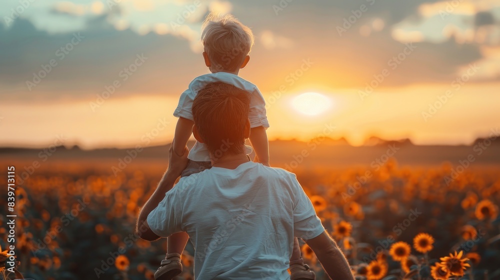 Fathers day. Back view of a little child boy sitting on his fathers ...