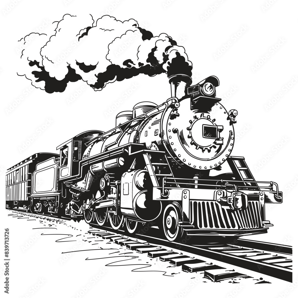 Old steam locomotive on rails. Vector drawing isolated on white ...
