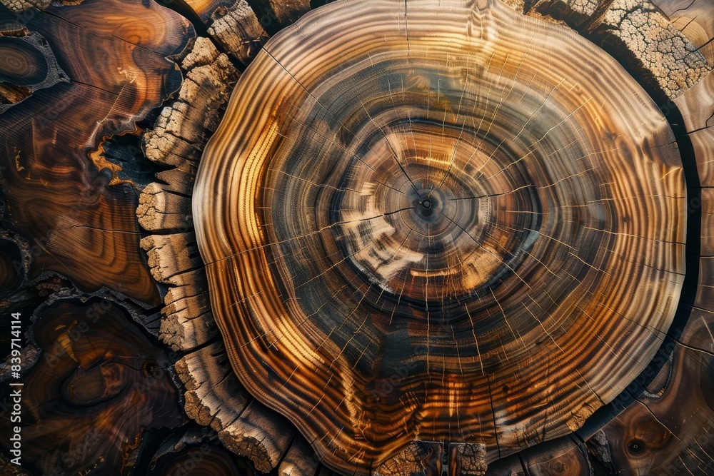 Cross section of walnut tree displaying growth rings abstract circular ...