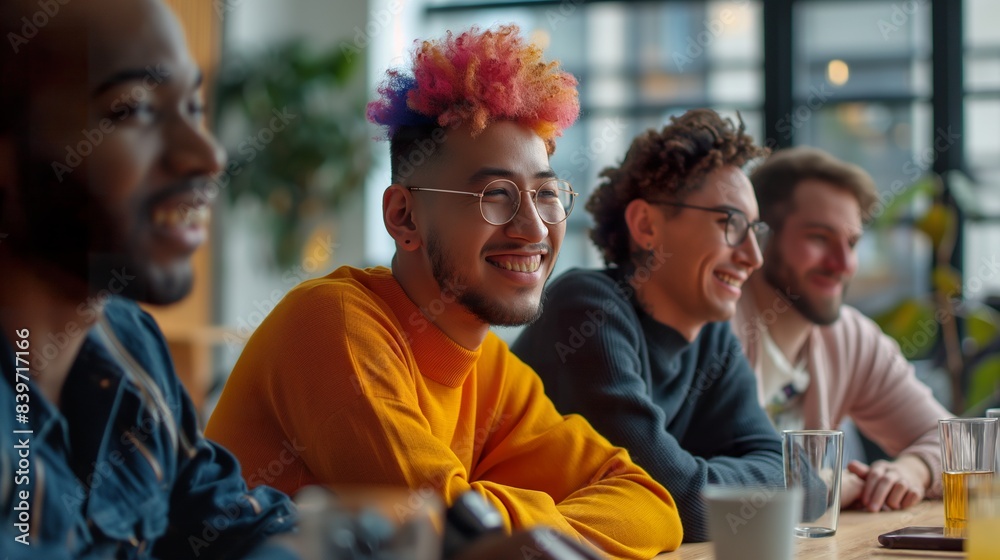 LGBTQ teamwork in a vibrant office with a rainbow flag, showcasing ...