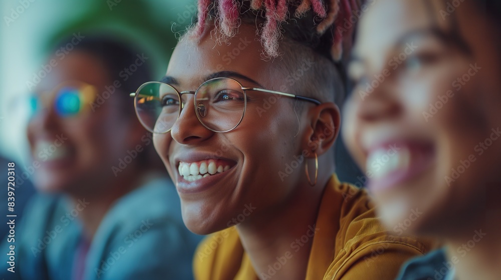 Smiling professional in a colorful office with a rainbow flag ...
