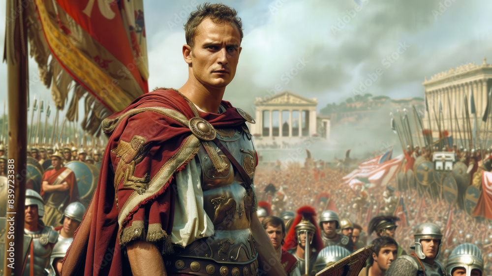 Ancient Roman general on army background, warriors on city square after ...