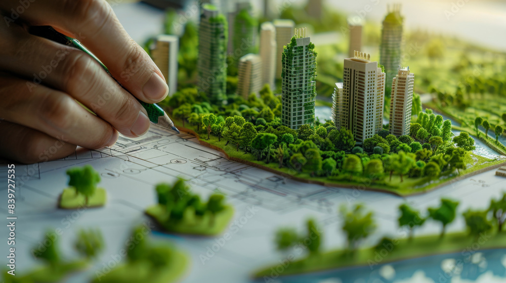 Architect hand drawing a city model with green buildings, trees and ...